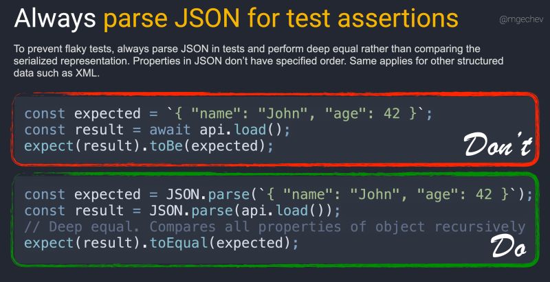 A common reason for flaky tests I see is comparing serialized ... A common reason for flaky tests I see is comparing serialized ...