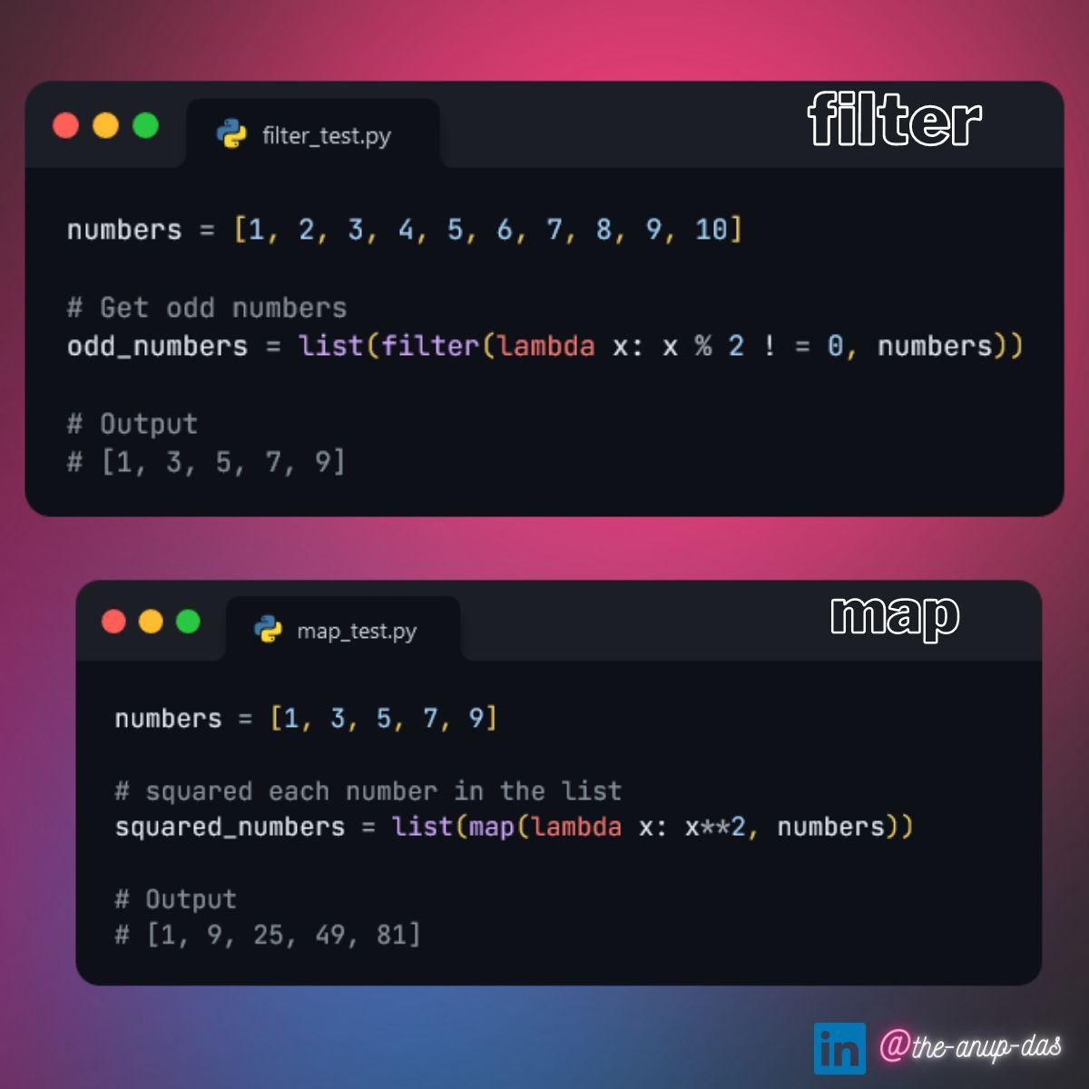 🚀 Boosting my productivity with Python's filter() and map()! | Anup Das 🚀 Boosting my productivity with Python's filter() and map()! | Anup Das