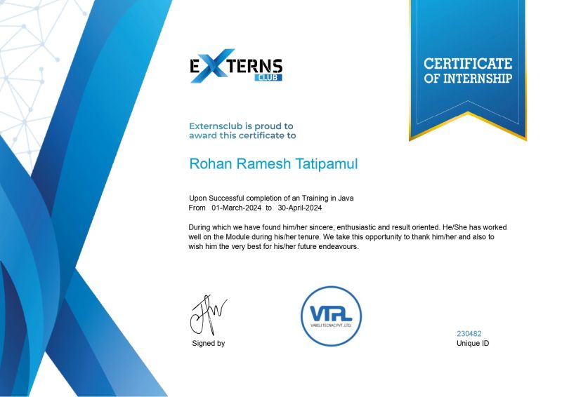Rohan Tatipamul on LinkedIn: #java #internship #coding #tech Rohan Tatipamul on LinkedIn: #java #internship #coding #tech