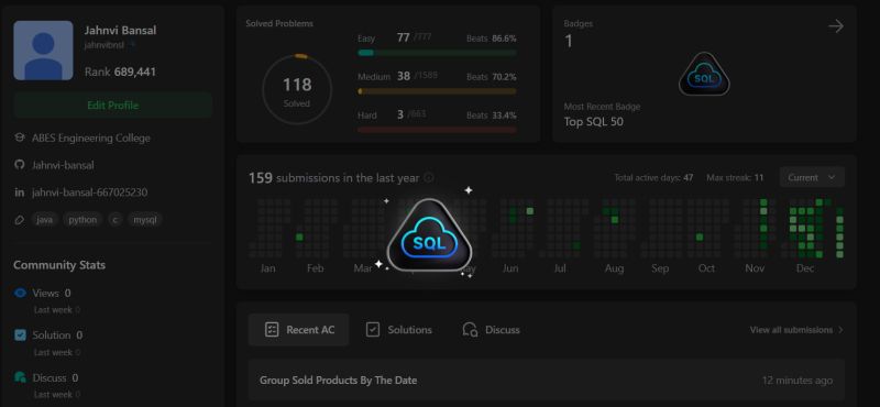 Earned SQL 50 with LeetCode study plan | Jahnvi Bansal posted on the ... Earned SQL 50 with LeetCode study plan | Jahnvi Bansal posted on the ...