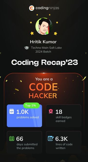 Completed coding recap'23 on Coding Ninjas | Hritik Kumar posted on the ... Completed coding recap'23 on Coding Ninjas | Hritik Kumar posted on the ...