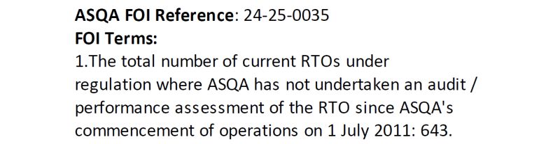 Latest FOI. ASQA regulates 3,859 RTOs. In the 14 years of operations ... Latest FOI. ASQA regulates 3,859 RTOs. In the 14 years of operations ...