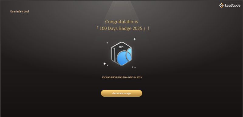 Earned 100 Days Badge on LeetCode | Infant Joel posted on the topic ... Earned 100 Days Badge on LeetCode | Infant Joel posted on the topic ...
