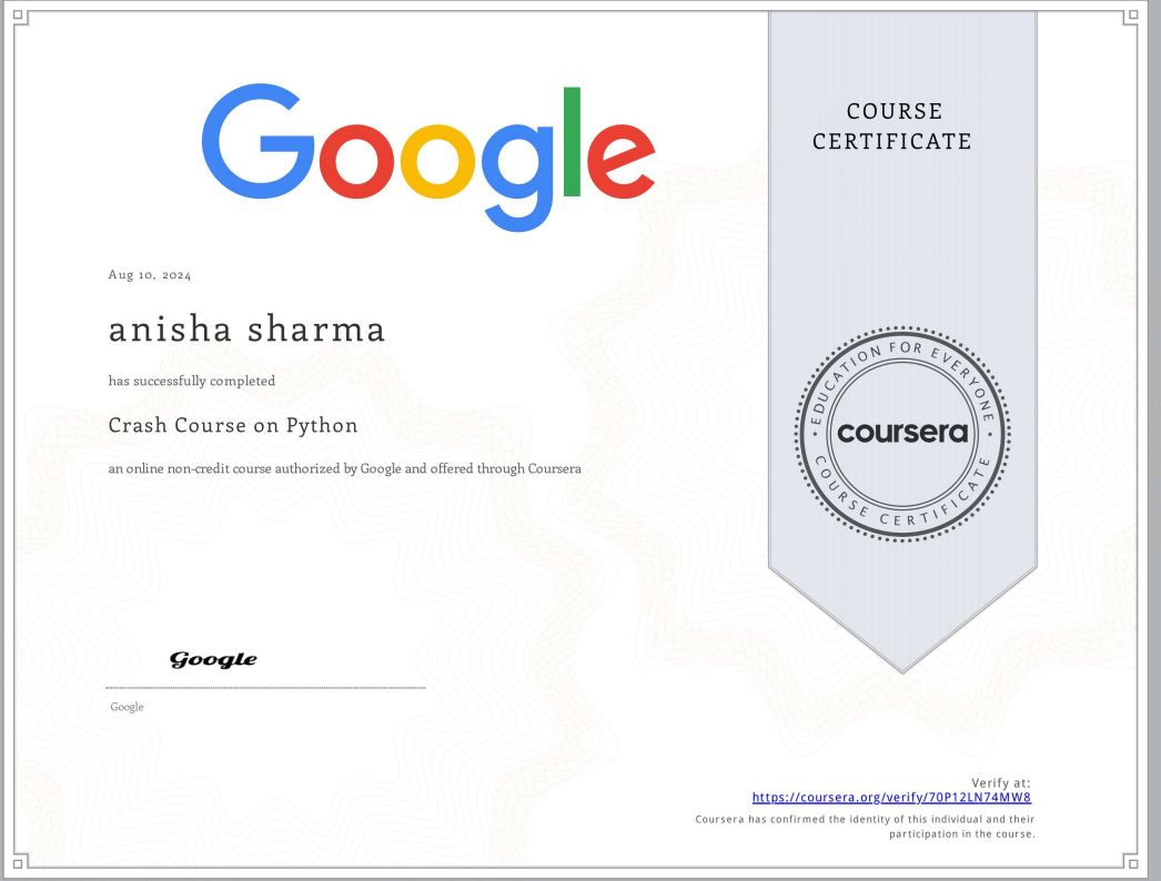 Anisha Sharma on LinkedIn: #python #googlecertificate #programming # ... Anisha Sharma on LinkedIn: #python #googlecertificate #programming # ...