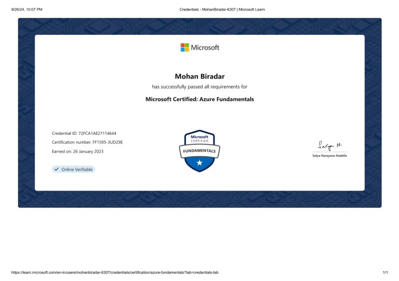 Azure fundamental Certificate.. | Mohan Biradar. Azure fundamental Certificate.. | Mohan Biradar.
