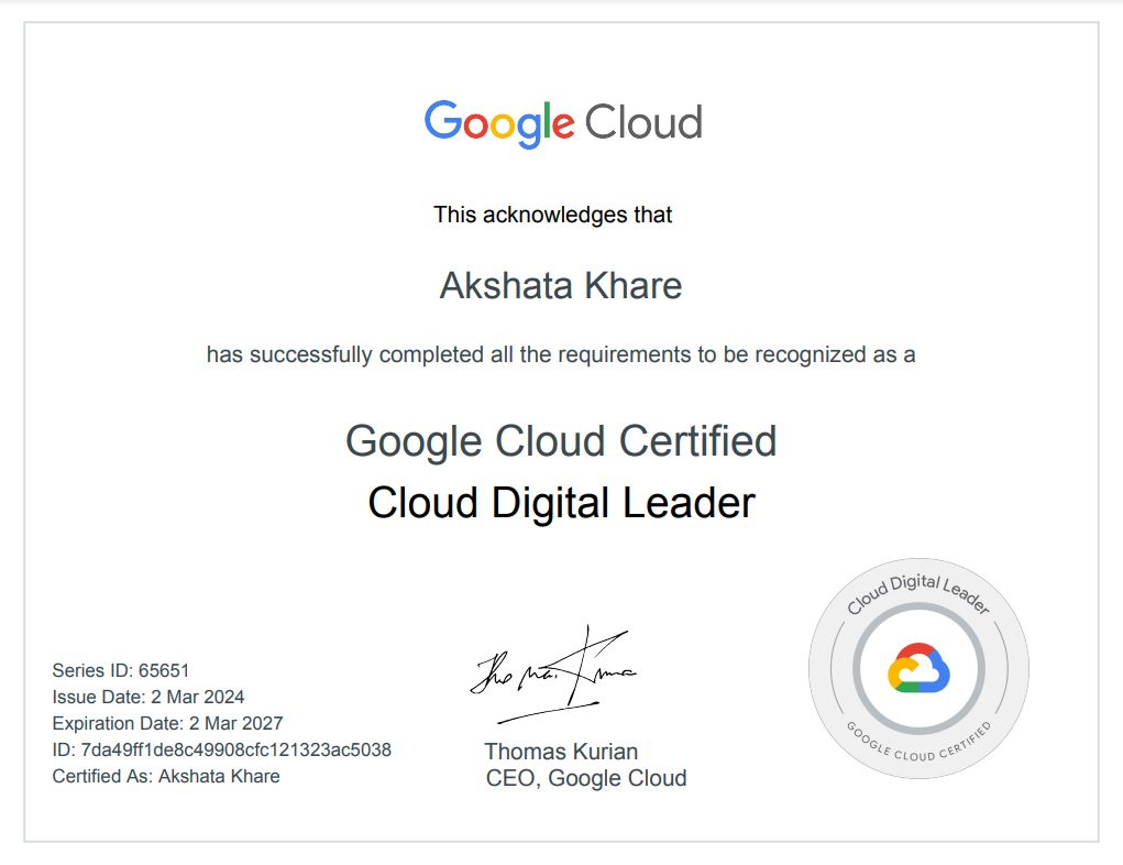 Finished Google Cloud Digital Leader certification | Akshata Khare ... Finished Google Cloud Digital Leader certification | Akshata Khare ...