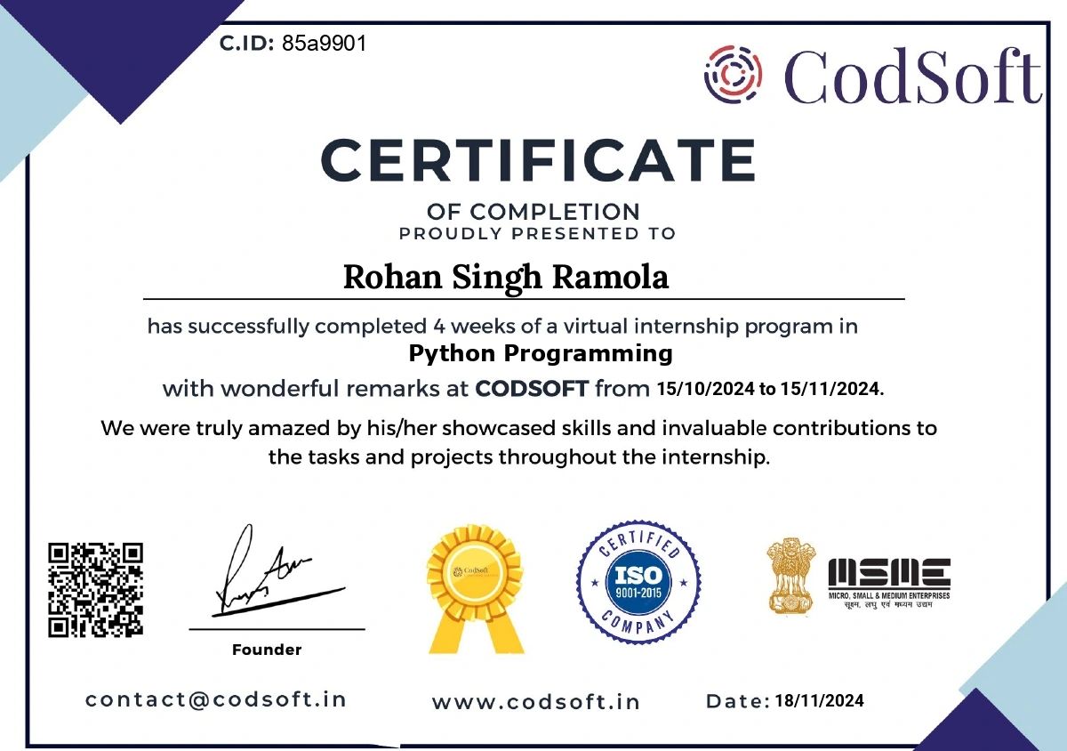 Rohan Singh Ramola on LinkedIn: #python #internship #programming #codsoft Rohan Singh Ramola on LinkedIn: #python #internship #programming #codsoft