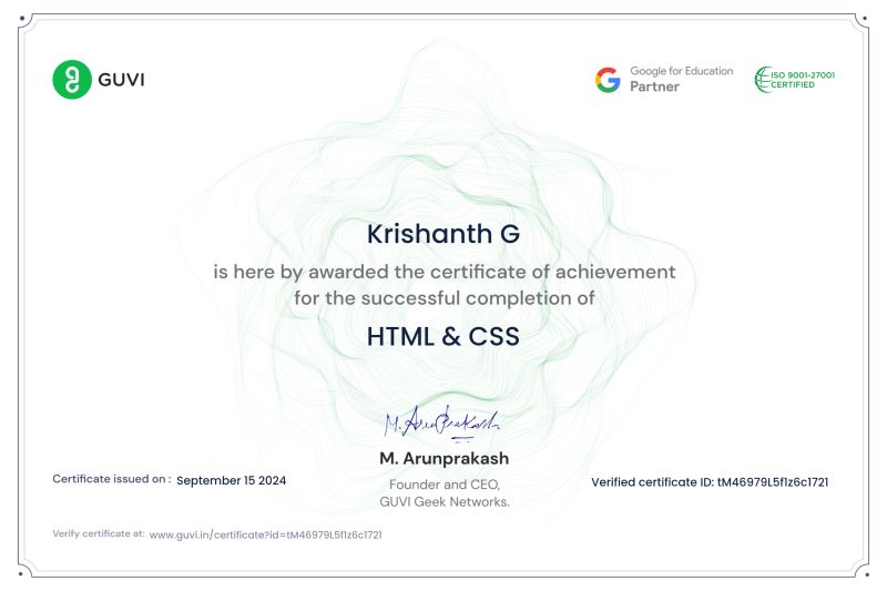 Krishanth G on LinkedIn: I got Html and CSS certificate from GUVI Geek ... Krishanth G on LinkedIn: I got Html and CSS certificate from GUVI Geek ...