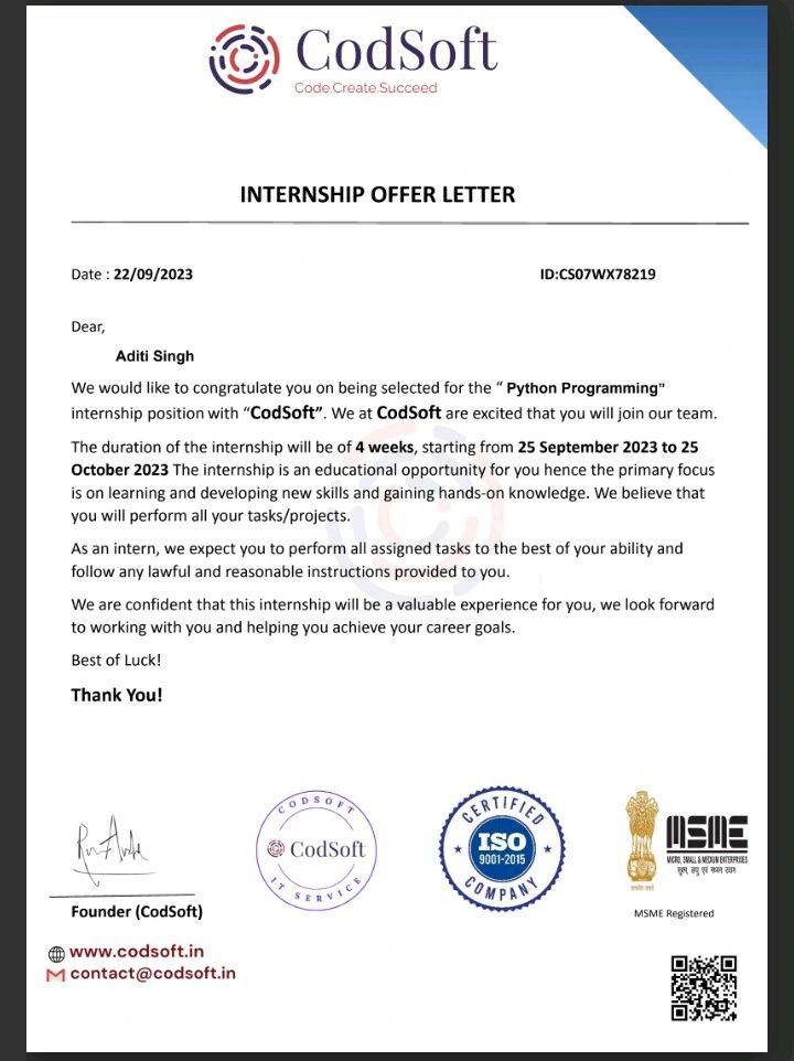Aditi Singh on LinkedIn: #codsoft #codsoft Aditi Singh on LinkedIn: #codsoft #codsoft