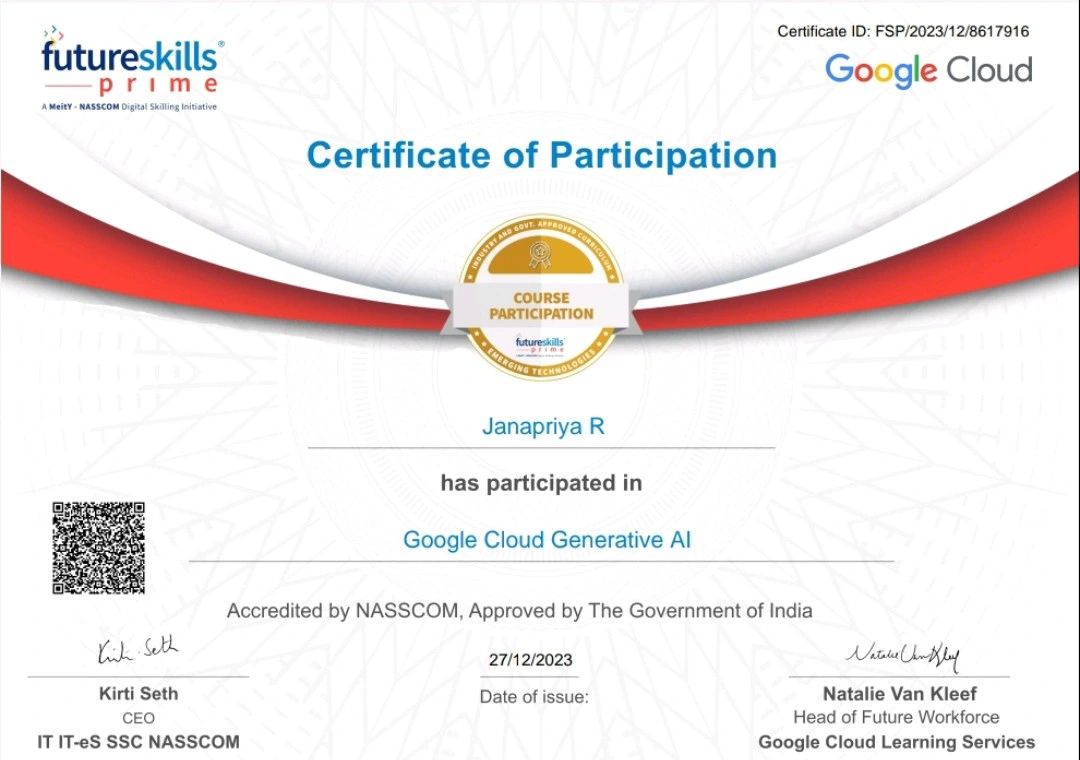 Finished Google Cloud Generative AI journey | Janapriya R posted on the ... Finished Google Cloud Generative AI journey | Janapriya R posted on the ...