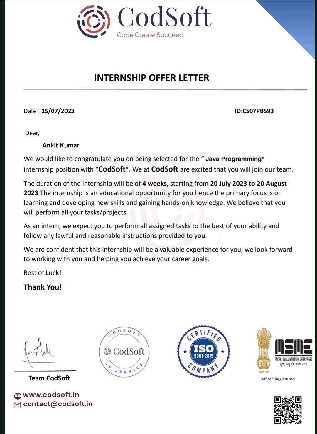 Ankit Kumar on LinkedIn: #javadeveloper #codsoft #freshersjobs # ... Ankit Kumar on LinkedIn: #javadeveloper #codsoft #freshersjobs # ...
