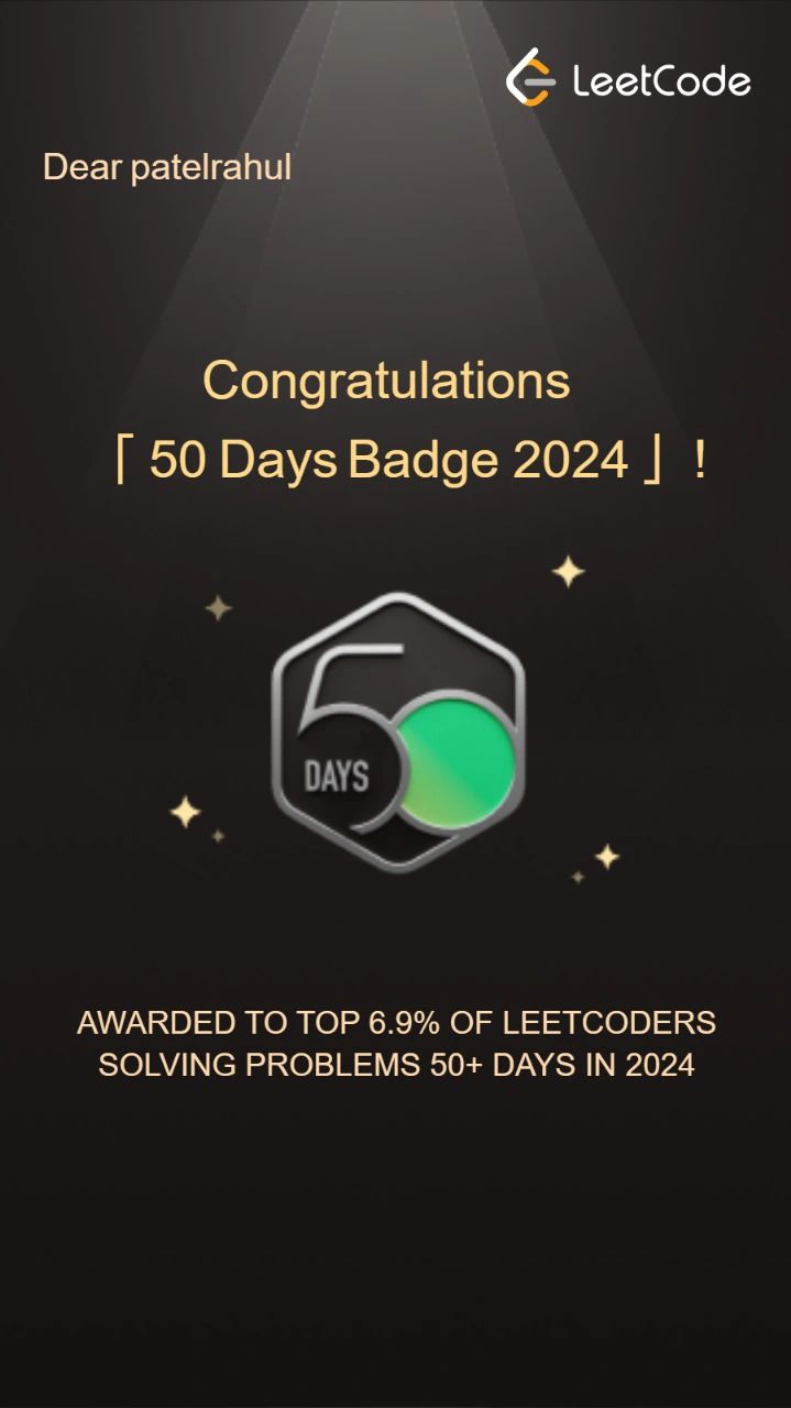 Completed 50 days of problem-solving on LeetCode | RAHUL PATEL posted ... Completed 50 days of problem-solving on LeetCode | RAHUL PATEL posted ...