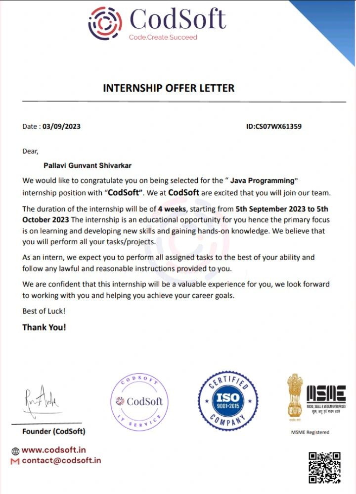 Pallavi Shivarkar on LinkedIn: #codsoft #codsoftinternship Pallavi Shivarkar on LinkedIn: #codsoft #codsoftinternship