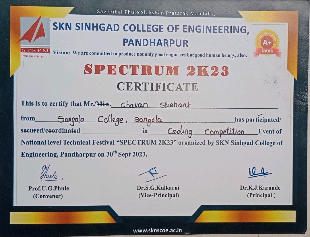 #codingcontest #sinhgadcollege #achievementunlocked | Sushant Chavan #codingcontest #sinhgadcollege #achievementunlocked | Sushant Chavan