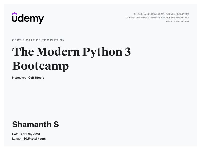 Completed The Modern Python Bootcamp! | Shamanth S posted on the topic ... Completed The Modern Python Bootcamp! | Shamanth S posted on the topic ...