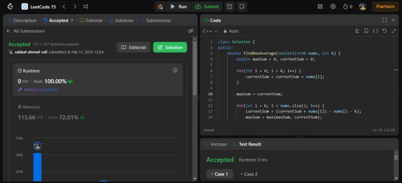 Solved LeetCode 643: Maximum Average Subarray I. | Sabkat Ahmed Rafi Solved LeetCode 643: Maximum Average Subarray I. | Sabkat Ahmed Rafi