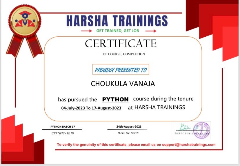Vanaja Choukula on LinkedIn: Python certificate Vanaja Choukula on LinkedIn: Python certificate