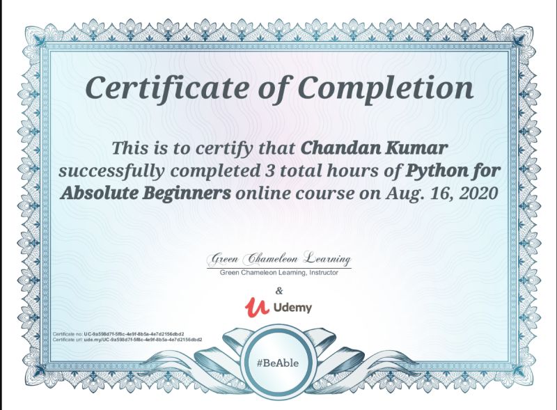 M S Chandan Kumar on LinkedIn: Udemy certification of Python M S Chandan Kumar on LinkedIn: Udemy certification of Python