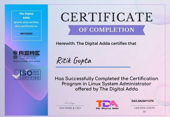 Got Completion Certificate from The Digital Adda in Linux System ... Got Completion Certificate from The Digital Adda in Linux System ...
