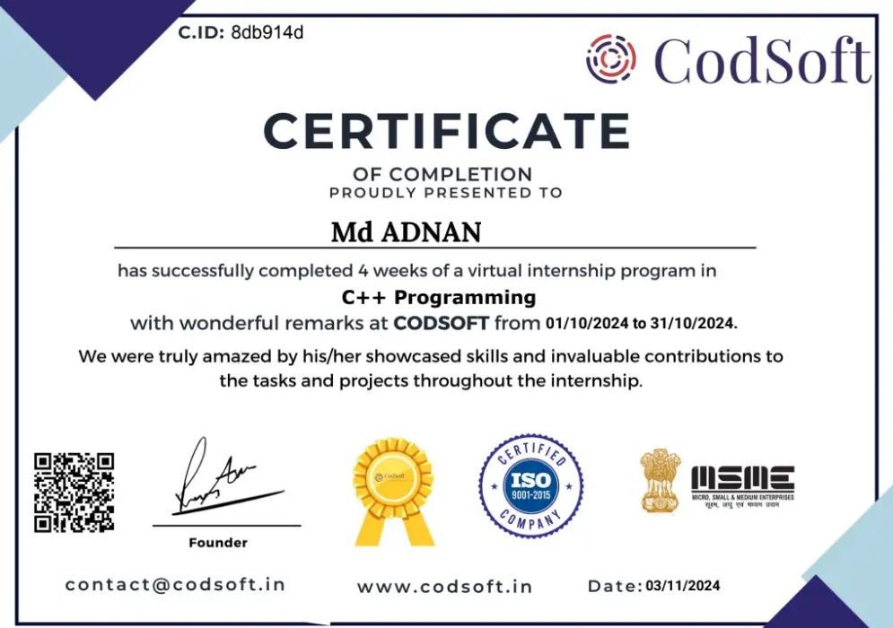 Md Adnan on LinkedIn: #internship #cplusplus #codsoft # ... Md Adnan on LinkedIn: #internship #cplusplus #codsoft # ...