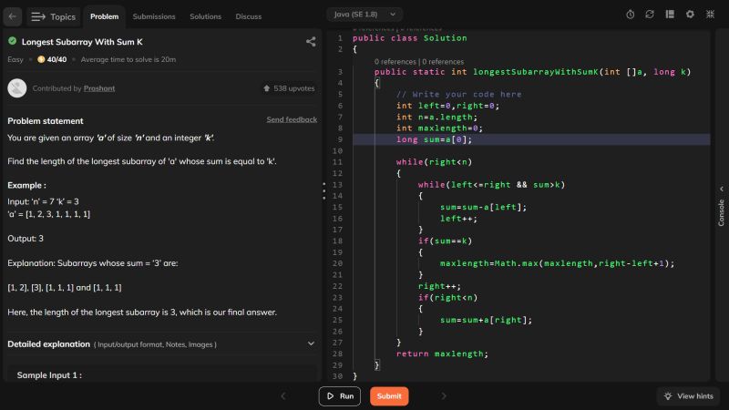 Resolved the Longest Subarray with Sum K problem on Coding Ninjas ... Resolved the Longest Subarray with Sum K problem on Coding Ninjas ...