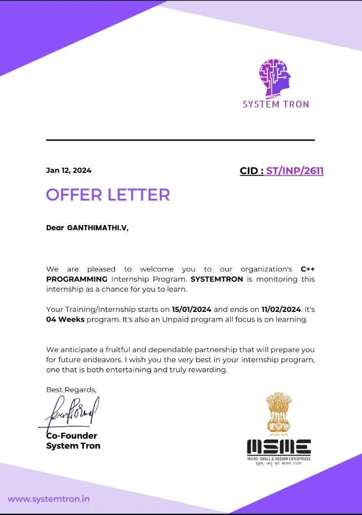 Ganthimathi .V on LinkedIn: #internship #cplusplus #systemtronjourney # ... Ganthimathi .V on LinkedIn: #internship #cplusplus #systemtronjourney # ...