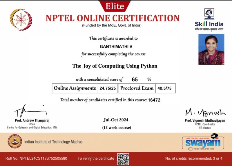 Ganthimathi .V on LinkedIn: #nptel #python #programming #achievement # ... Ganthimathi .V on LinkedIn: #nptel #python #programming #achievement # ...