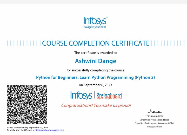 Ashwini Dange on LinkedIn: #infosys #python #course_completion_certificate Ashwini Dange on LinkedIn: #infosys #python #course_completion_certificate