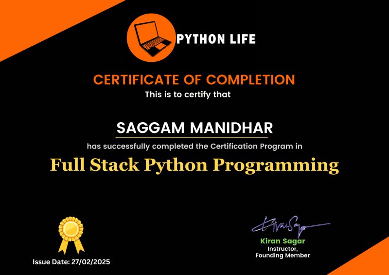 Certified in Python Programming by PythonLife | Manidhar Saggam posted ... Certified in Python Programming by PythonLife | Manidhar Saggam posted ...
