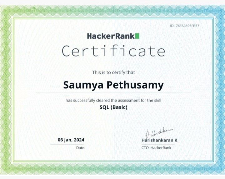 Saumya Pethusamy on LinkedIn: Got a certificate from Hackerank for SQL ... Saumya Pethusamy on LinkedIn: Got a certificate from Hackerank for SQL ...