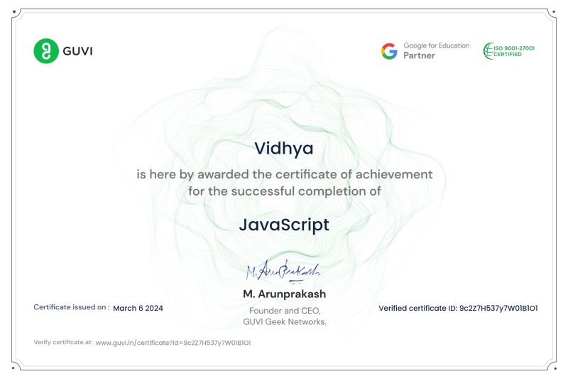 Vidhya J. on LinkedIn: #javascript #certification #guvilearning # ... Vidhya J. on LinkedIn: #javascript #certification #guvilearning # ...