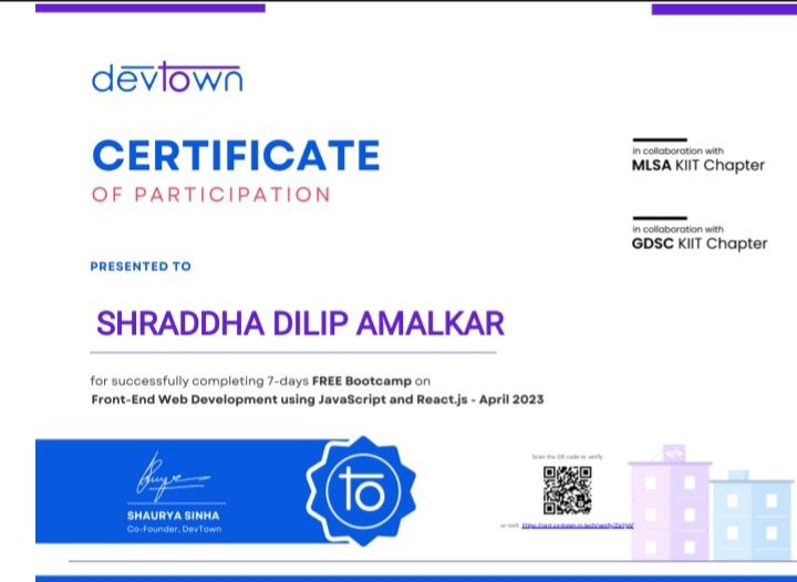 Shraddha Amalkar on LinkedIn: #javascript #reactjs #devtown #bootcamp Shraddha Amalkar on LinkedIn: #javascript #reactjs #devtown #bootcamp