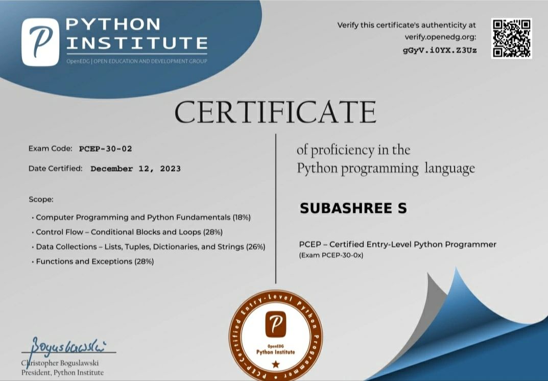 SUBASHREE S on LinkedIn: #pcep #python #certification SUBASHREE S on LinkedIn: #pcep #python #certification