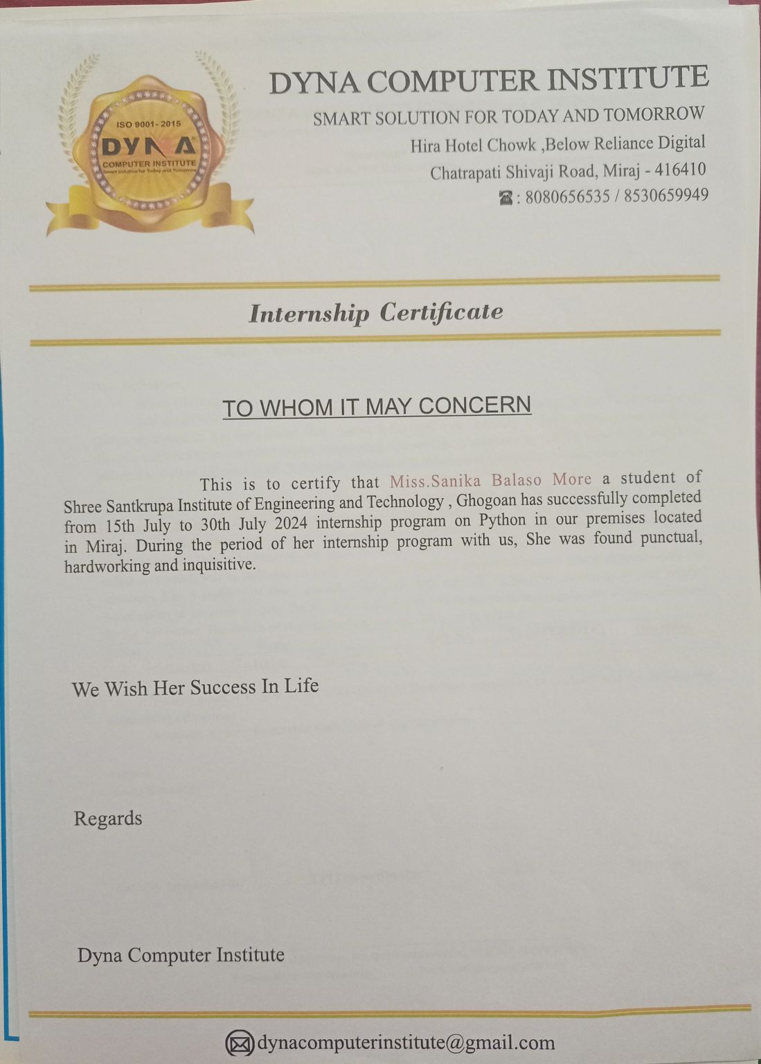 Sanika More on LinkedIn: Internship Certificate Python Programming Sanika More on LinkedIn: Internship Certificate Python Programming
