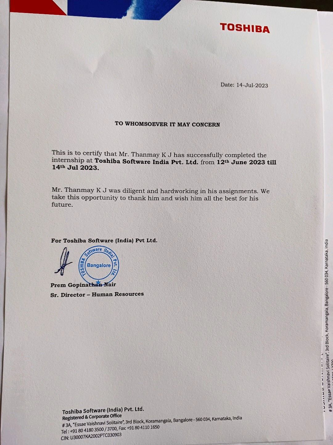 Thanmay KJ on LinkedIn: Completed the internship at Toshiba. Thanmay KJ on LinkedIn: Completed the internship at Toshiba.