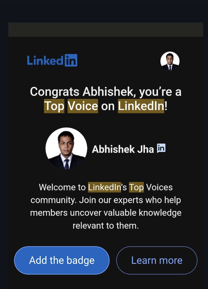 Achieved Top voice on Linkedin and thanked Aditya Maheshwari | Abhishek ... Achieved Top voice on Linkedin and thanked Aditya Maheshwari | Abhishek ...