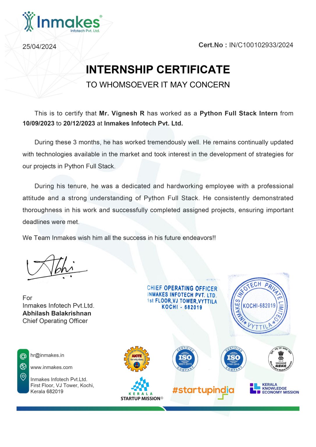 #python #fullstack #internship #inmakesinfotech #careergrowth | Vignesh R #python #fullstack #internship #inmakesinfotech #careergrowth | Vignesh R