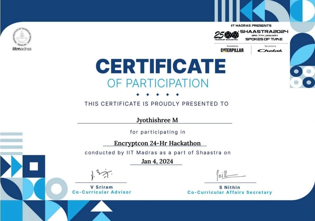 Jyothishree Murugesan on LinkedIn: #encrypton #hackathon #iitmadras # ... Jyothishree Murugesan on LinkedIn: #encrypton #hackathon #iitmadras # ...