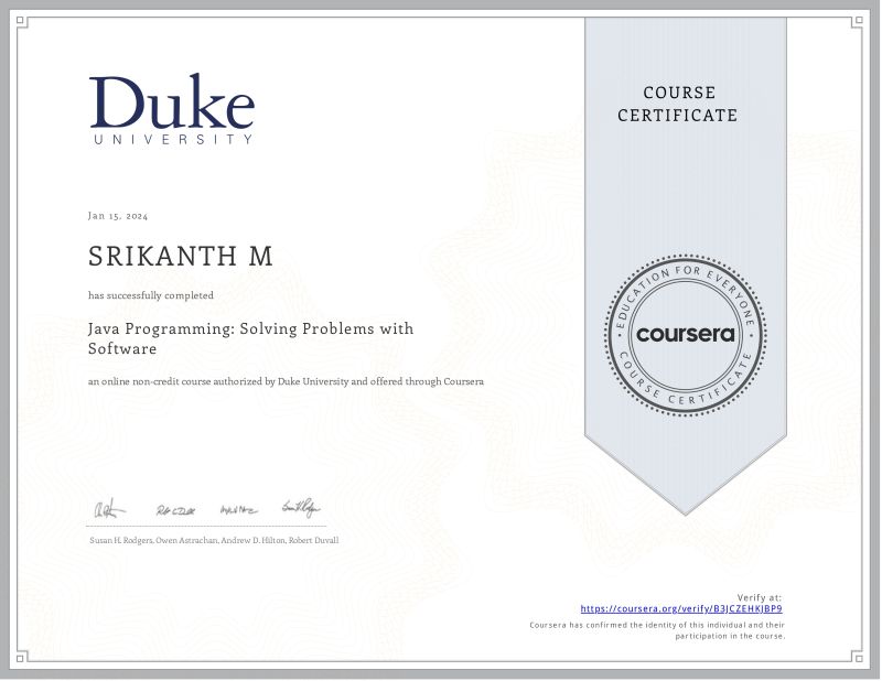 Completed Java Programming course by Duke | SRIKANTH M posted on the ... Completed Java Programming course by Duke | SRIKANTH M posted on the ...