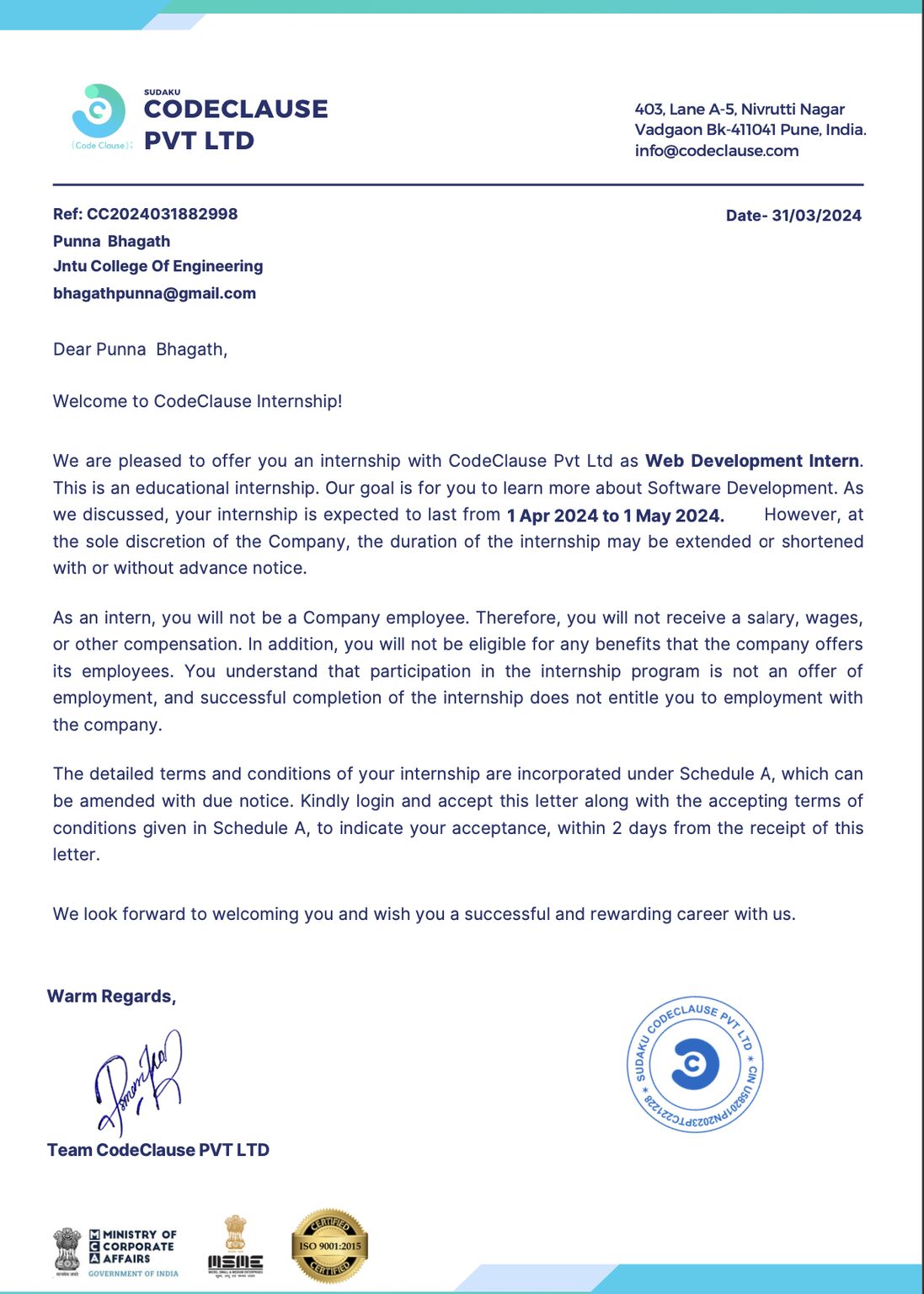 Punna Bhagath on LinkedIn: #webdevelopmentintern #intern #codeclause # ... Punna Bhagath on LinkedIn: #webdevelopmentintern #intern #codeclause # ...
