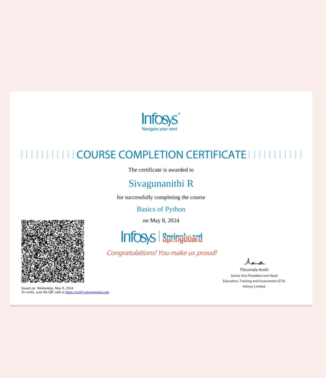 Completed Python course with Infosys Springboard | Sivagunanithi R ... Completed Python course with Infosys Springboard | Sivagunanithi R ...