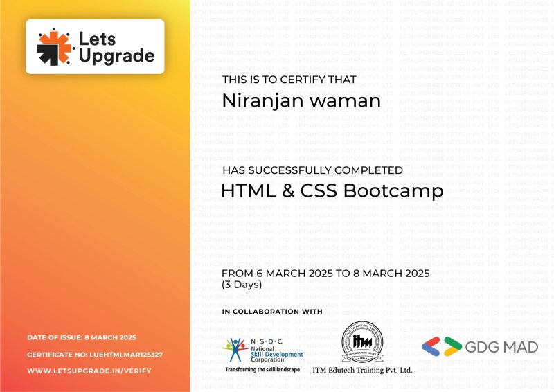 Thrilled to complete the Let's Upgrade HTML & CSS Bootcamp! | Niranjan ... Thrilled to complete the Let's Upgrade HTML & CSS Bootcamp! | Niranjan ...