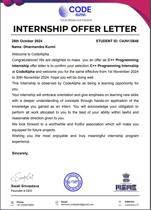 Dharmendra kurmi on LinkedIn: #internship #codealpha #c Dharmendra kurmi on LinkedIn: #internship #codealpha #c