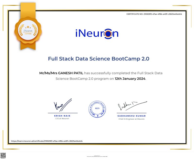 Finished Full Stack Data Science program by Ineuron | Ganesh Patil ... Finished Full Stack Data Science program by Ineuron | Ganesh Patil ...