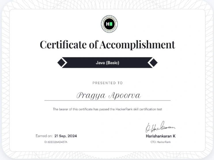 Pragya Apoorva on LinkedIn: #java #certification #coding #hackerrank # ... Pragya Apoorva on LinkedIn: #java #certification #coding #hackerrank # ...