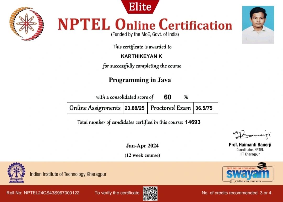 Hi connections! I have completed my nptel course programming in Java ... Hi connections! I have completed my nptel course programming in Java ...