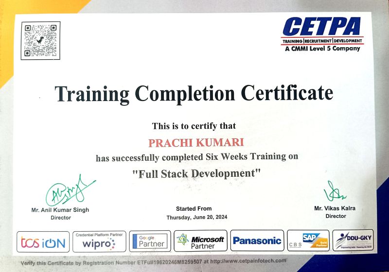 Completed a six-week course on Full Stack Development | Prachi Kumari ... Completed a six-week course on Full Stack Development | Prachi Kumari ...