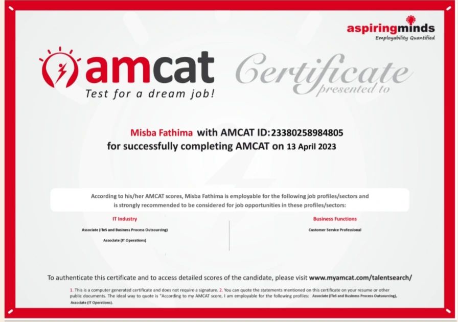 Misba Fathima on LinkedIn: #amcat #certificate Misba Fathima on LinkedIn: #amcat #certificate
