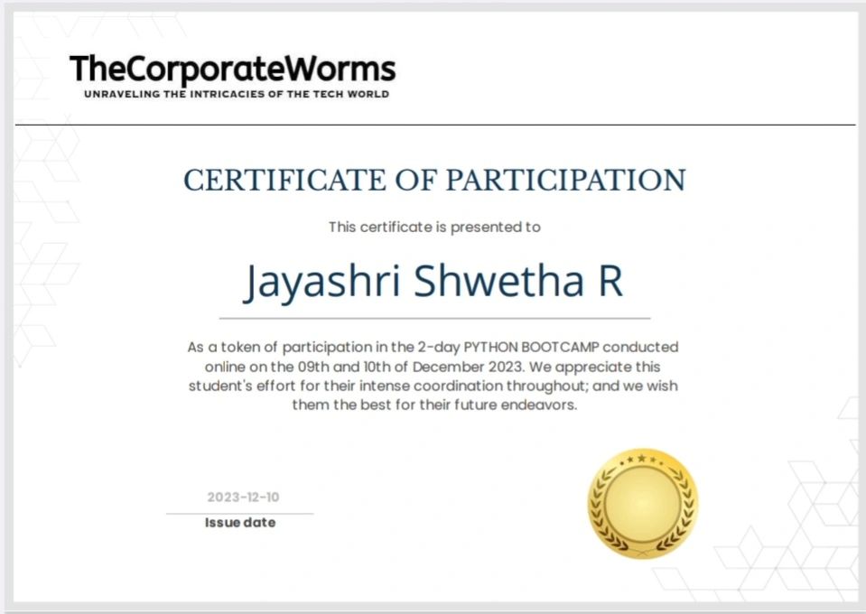Jayashri Shwetha R on LinkedIn: #python #coding #corporateworms Jayashri Shwetha R on LinkedIn: #python #coding #corporateworms