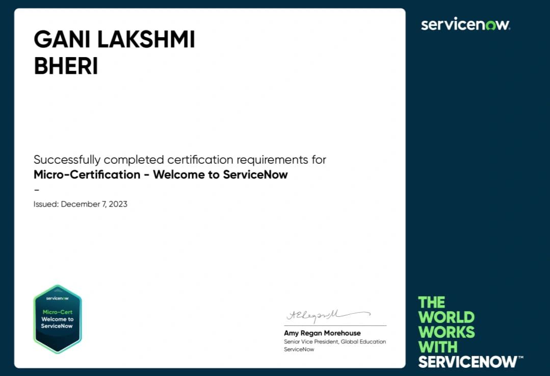 Gani lakshmi Bheri on LinkedIn: #servicenow #microcertification # ... Gani lakshmi Bheri on LinkedIn: #servicenow #microcertification # ...